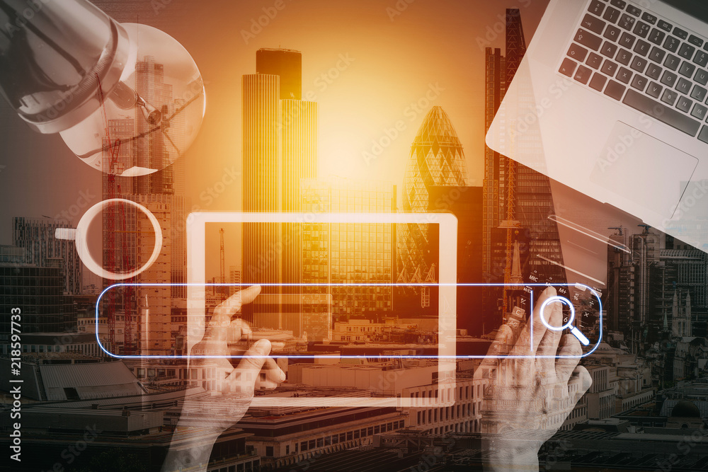 Internet shopping concept.Top view of hands working with laptop and ...