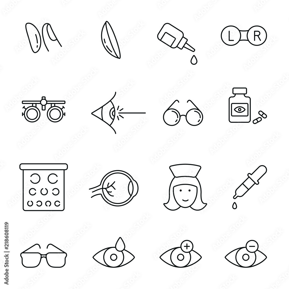 Optometry related icons: thin vector icon set, black and white kit ...