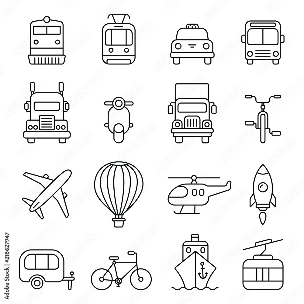 Transport related icons: thin vector icon set, black and white kit ...