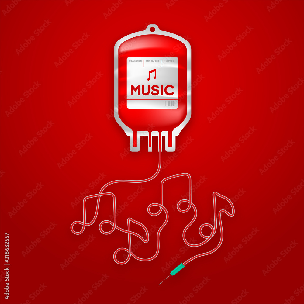 Blood bag red color with Music note sign shape made from cord ...