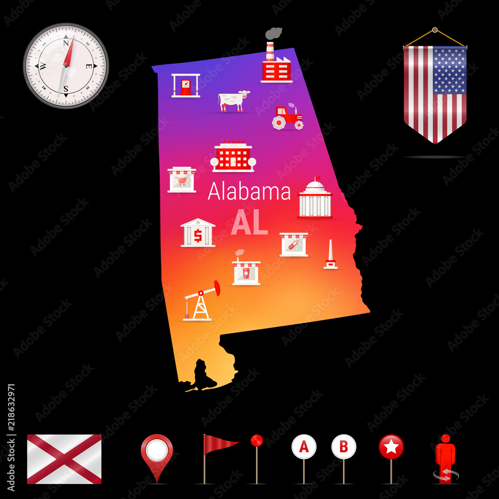 Alabama Vector Map, Night View. Compass Icon, Map Navigation Elements ...