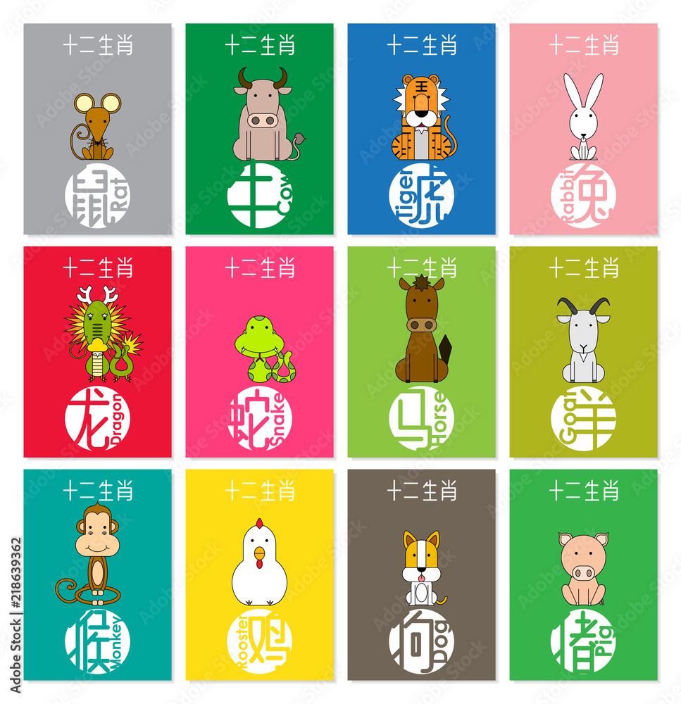 12 Chinese zodiac animals, Chinese wording translation: rat, ox, tiger ...
