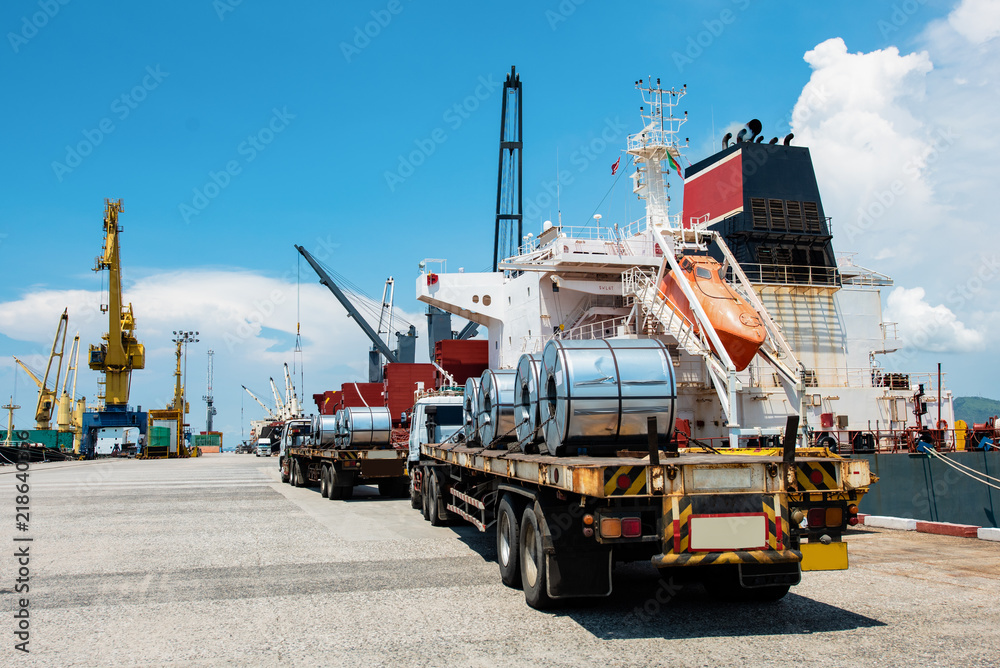 Steel roll hot coils delivery to the cargo ships in port terminal ...