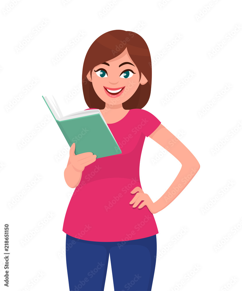 Young woman holding/showing/reading a book. Vector illustration in ...