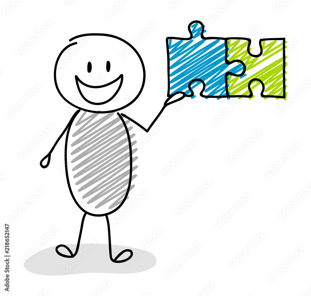 Cartoon stickman holding puzzle (success concept) icon. Vector. Stock ...