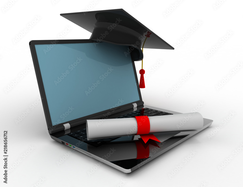 laptop with graduation cap . 3d rendered illustration Stock Photo ...