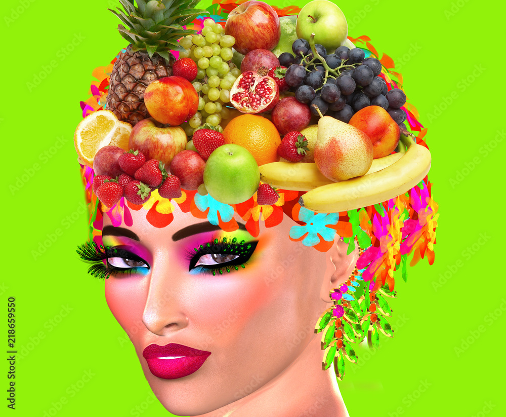 Assorted fruits worn in a modern art hairstyle by a beautiful 3d ...