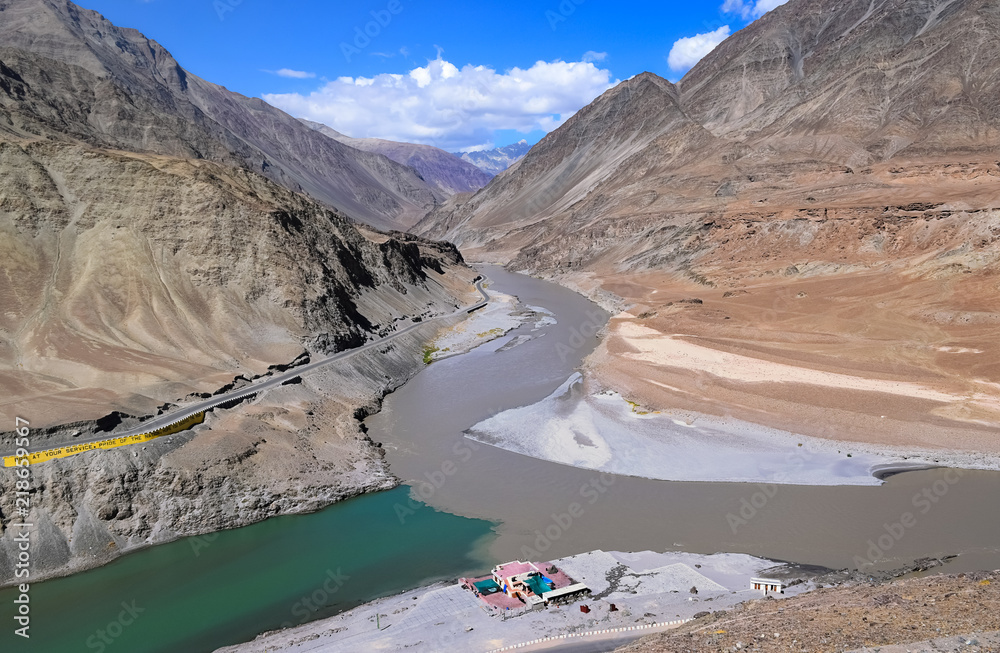 Aerial view of Zanskar valley Ladakh with scenic landscape and ...