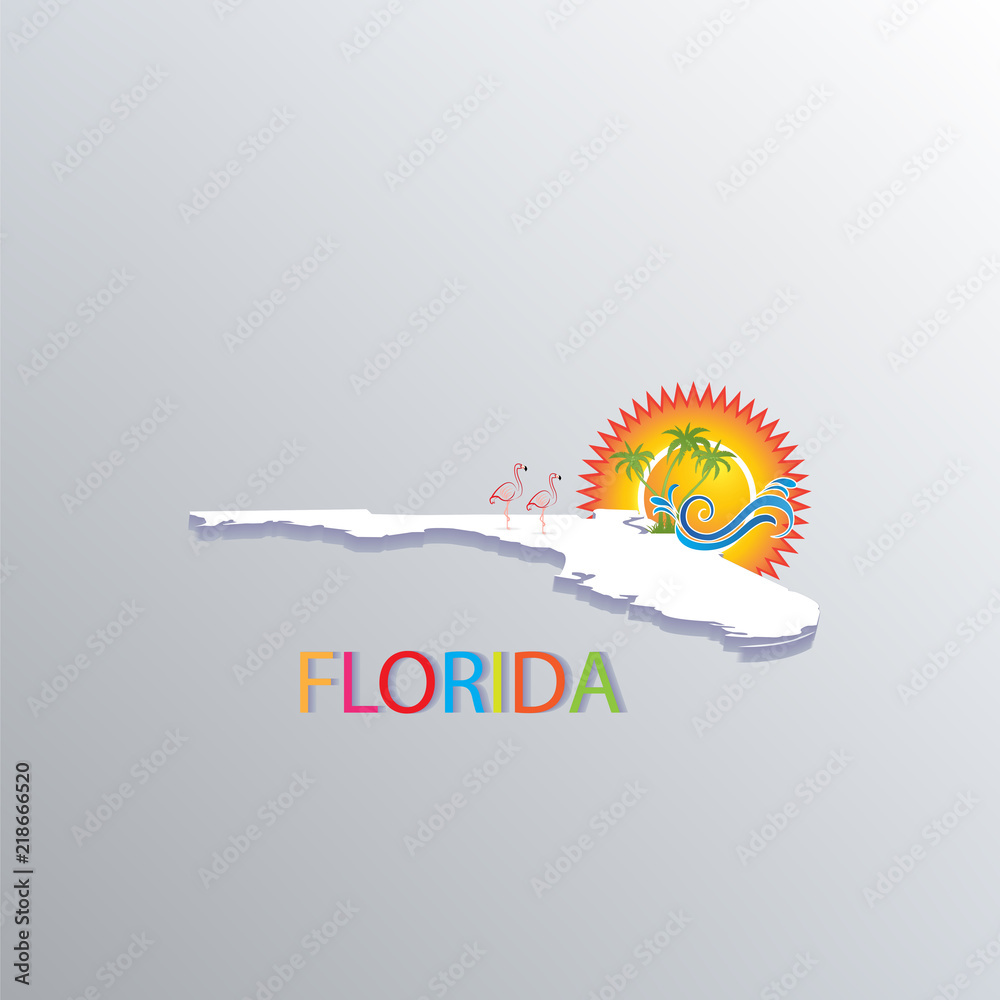Florida map with sun, trees and waves tropical beaches icon logo vector ...