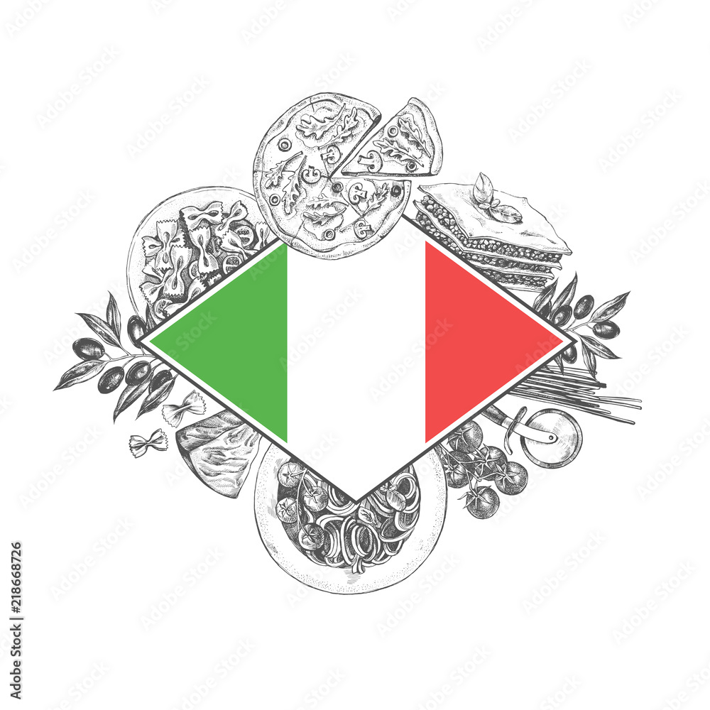 Background with Ink hand drawn products and dishes of Italian cuisine ...