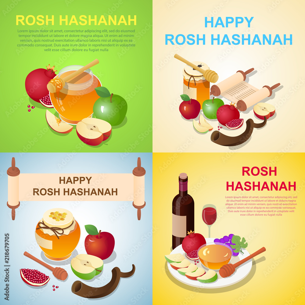 Rosh Hashanah jewish holiday apple honey banner concept set. Isometric ...