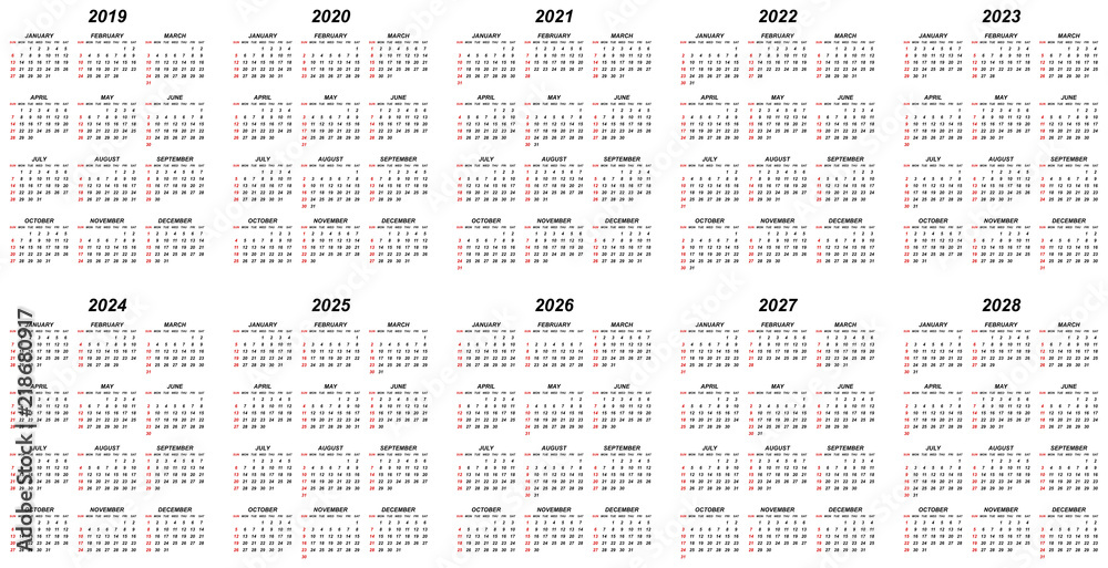 Ten years simple editable vector calendars for year 2019 2020 2021 2022 ...