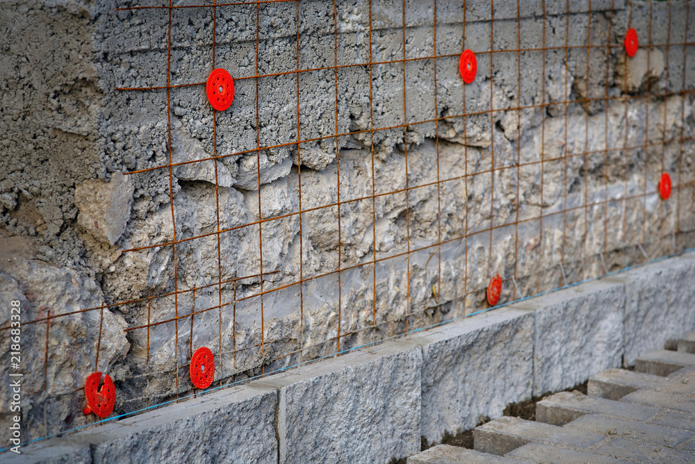 Preparation of the surface wall for tiling. Reinforcing mesh for ...