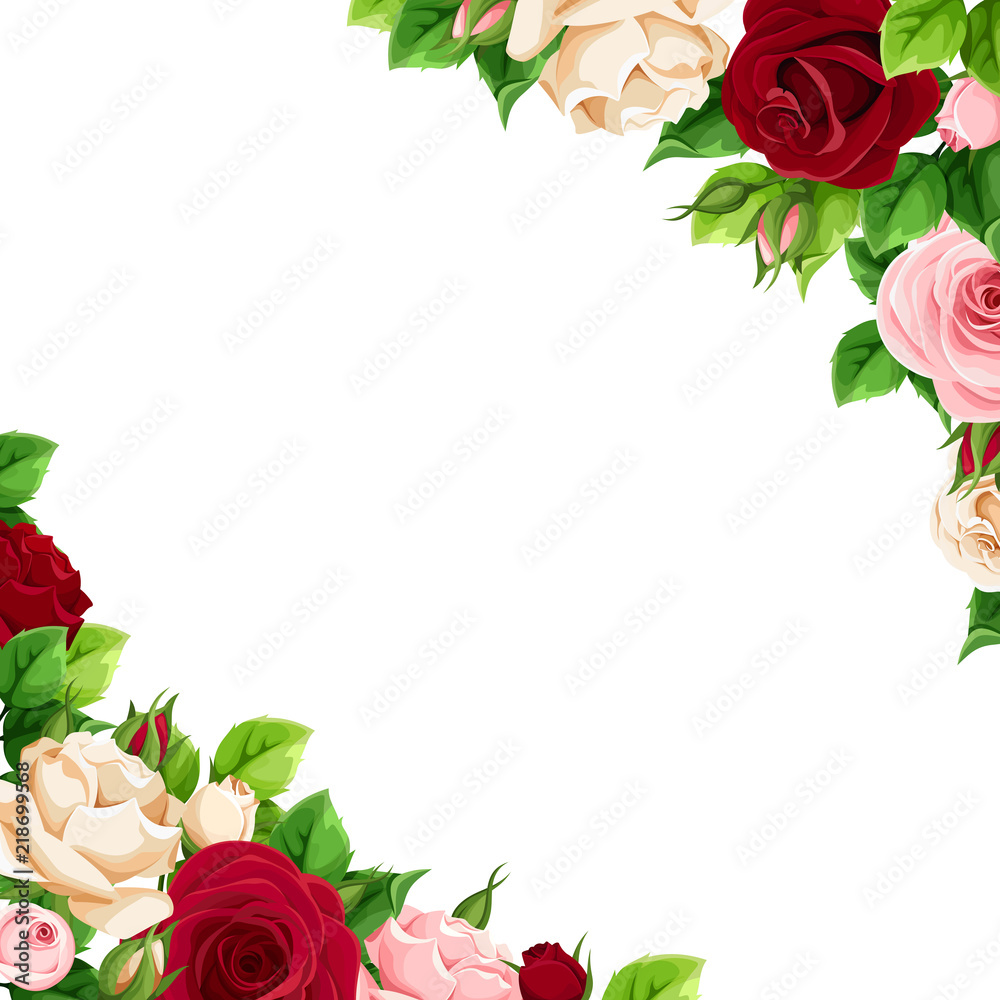 Vector corner background with pink, burgundy and white roses. Stock ...