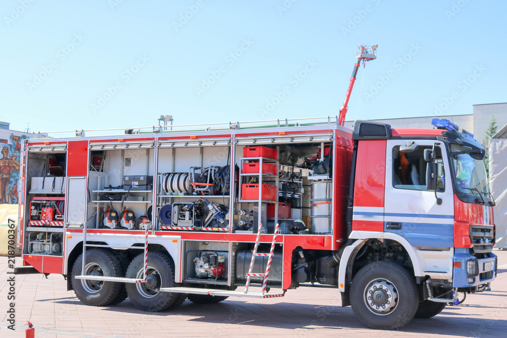 Large special red with blue fire car, engine to rescue people with open ...