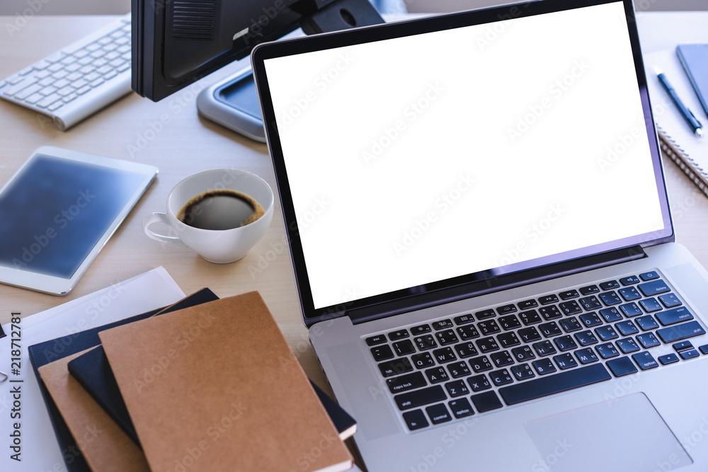 man of business man hand working on laptop computer blank white screen ...