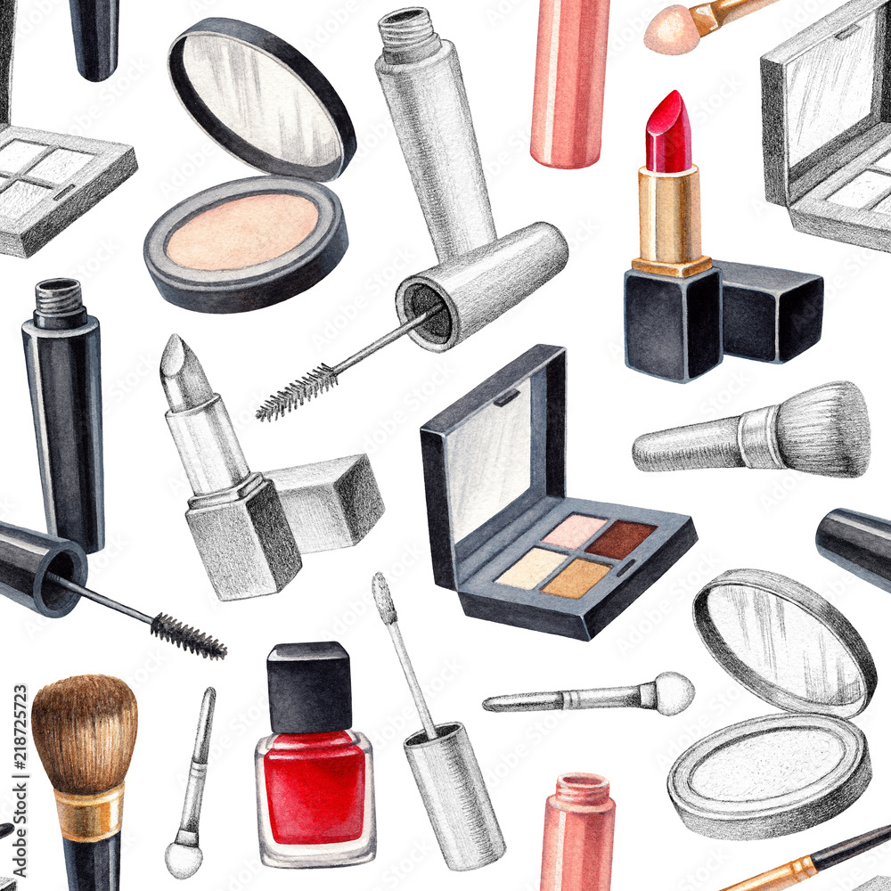 Illustrations of make up products. Hand drawn cosmetics set. Seamless ...