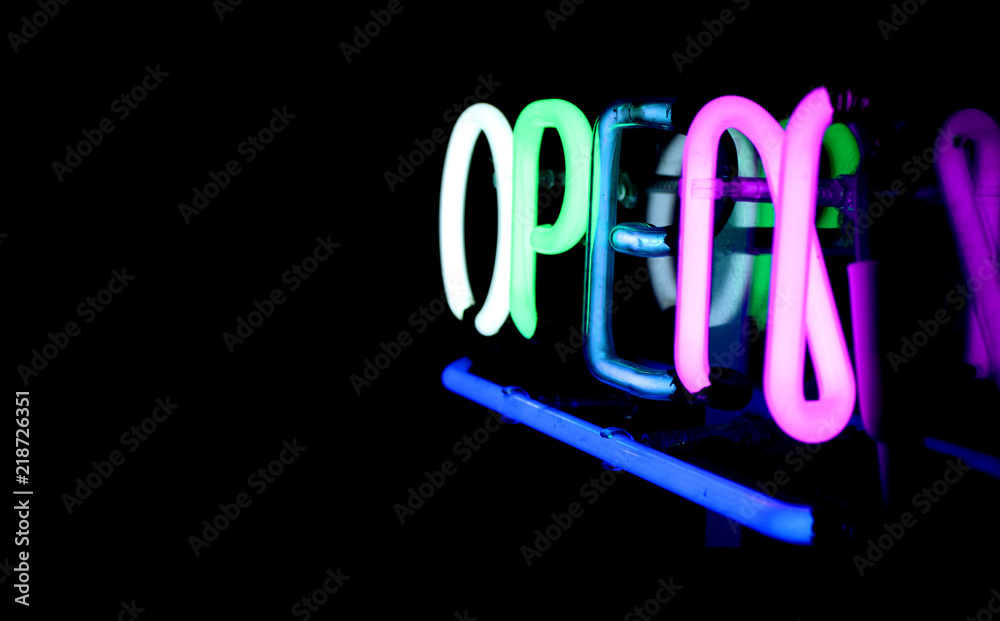 open sign neon light on night black background Stock Photo | Adobe Stock