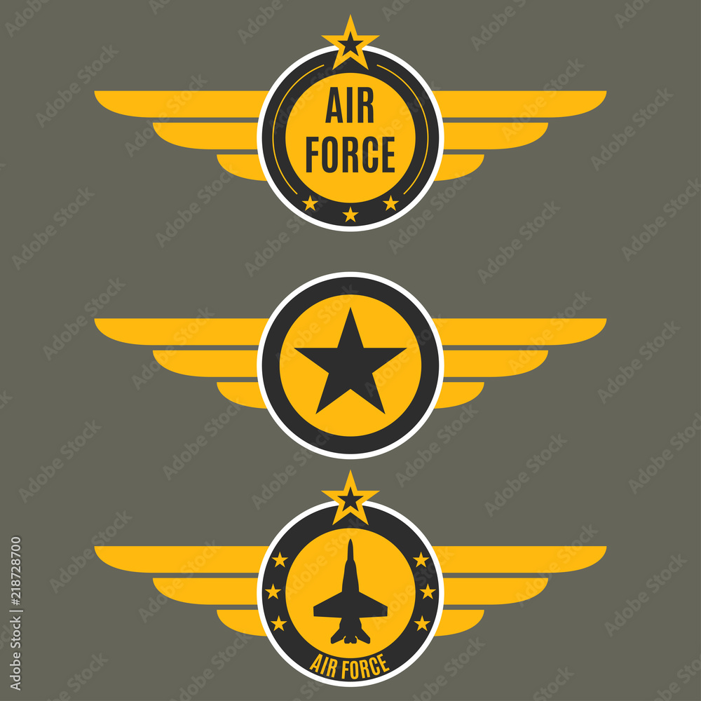 Air force badge set. Airforce logo with wings and star. Army and ...