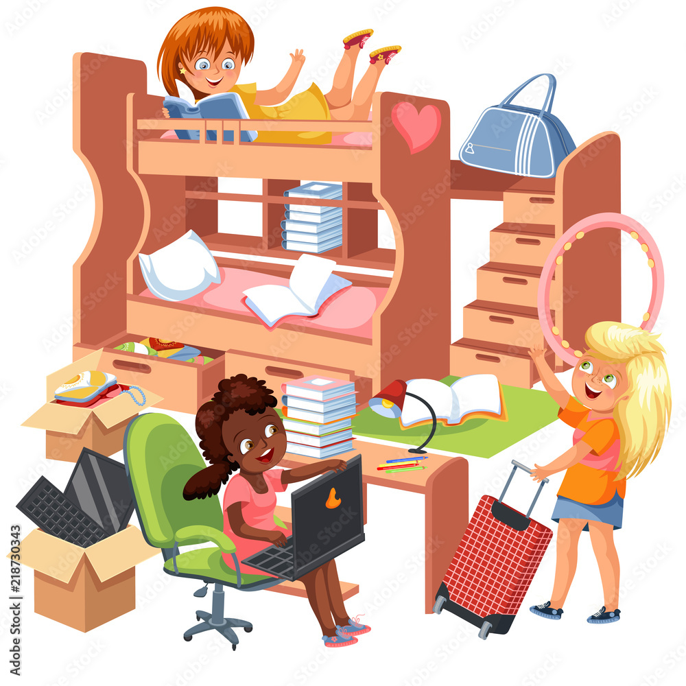 Girls dorm room flat poster. Dormitory interior design with workspace ...