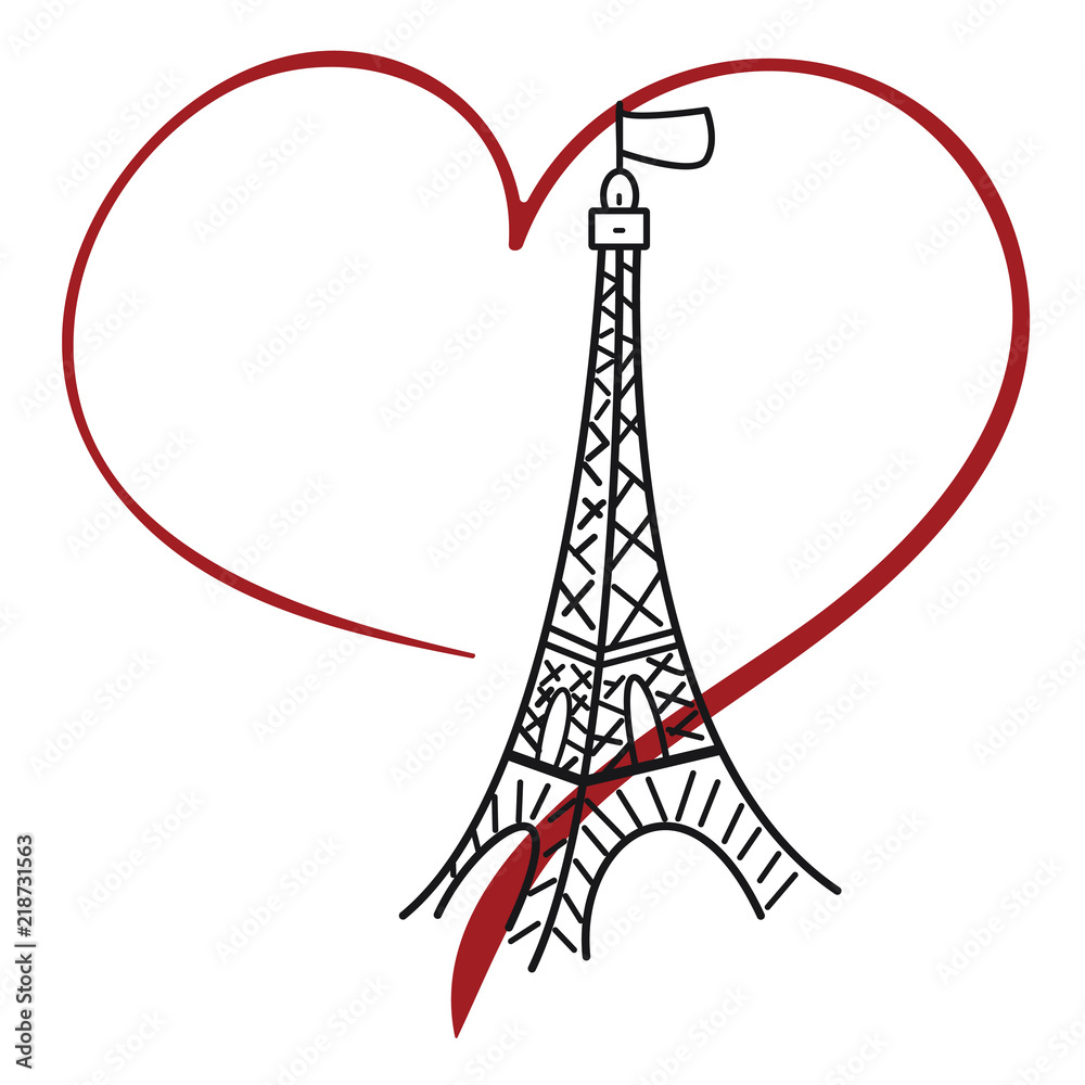 Paris eiffel tower logo on white background hand drawing heart Stock ...