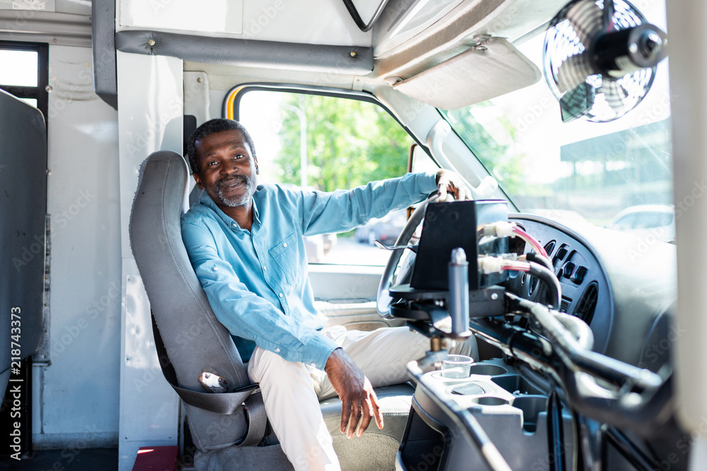 smiling mature african american bus driver looking at camera while ...