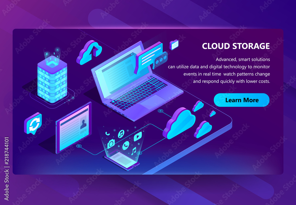 Vector 3d isometric template of site for cloud storage. Online database ...