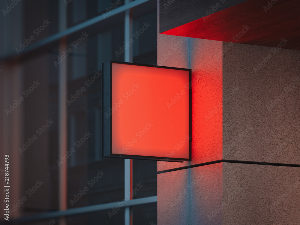 Blank red company store sign board mock up on a concrete wall. 3D ...