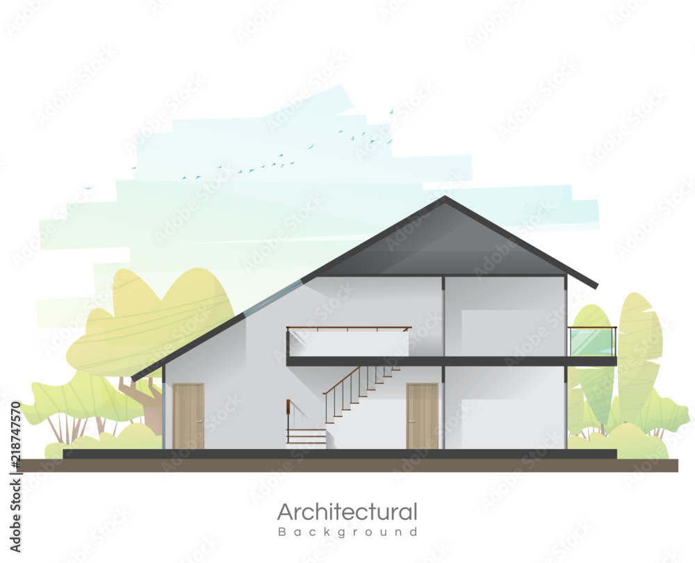 Poster House cross section with empty room and peaceful landscape ...
