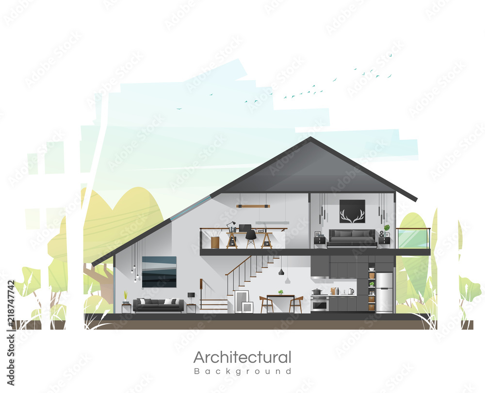 House cross section with furniture and peaceful landscape background ...