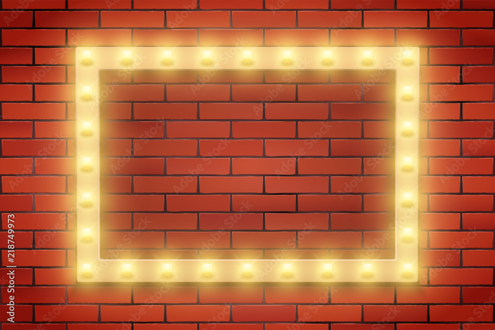 Frame of Retro light bulb on brick wall. Rectangle frame and Volumetric ...