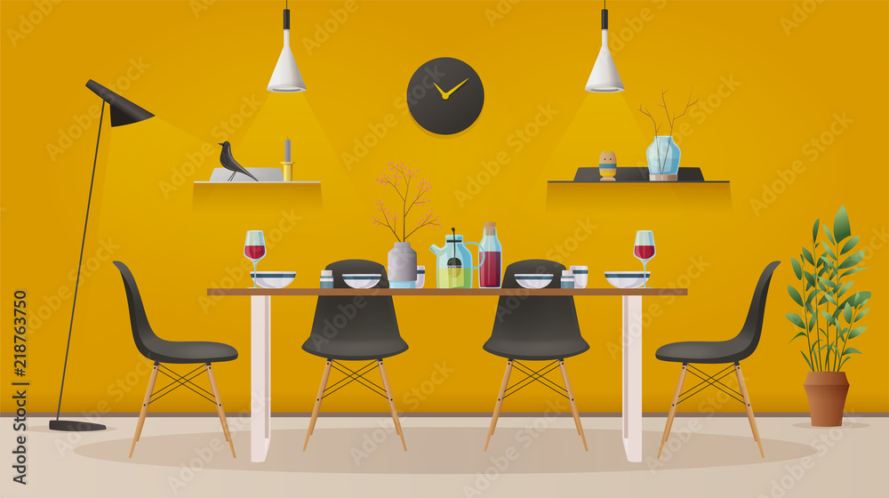 Dinning room interior with furniture. Cartoon vector illustration Stock ...