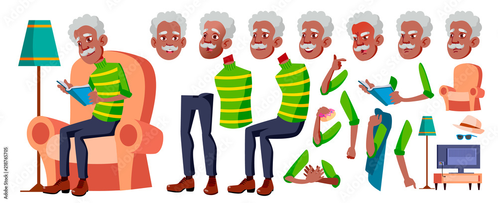 Old Man Vector. Black. Afro American. Senior Person Portrait. Elderly ...
