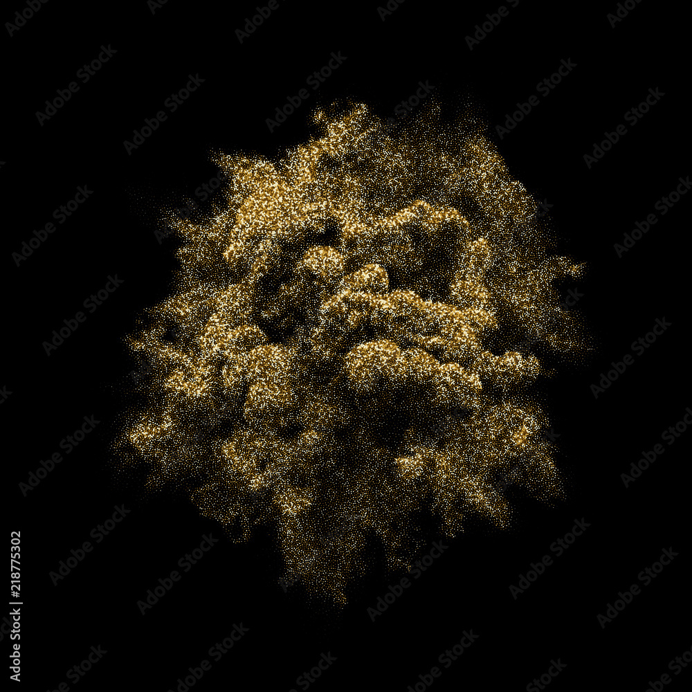Explosion of golden glitter with particles blast and dust effect ...