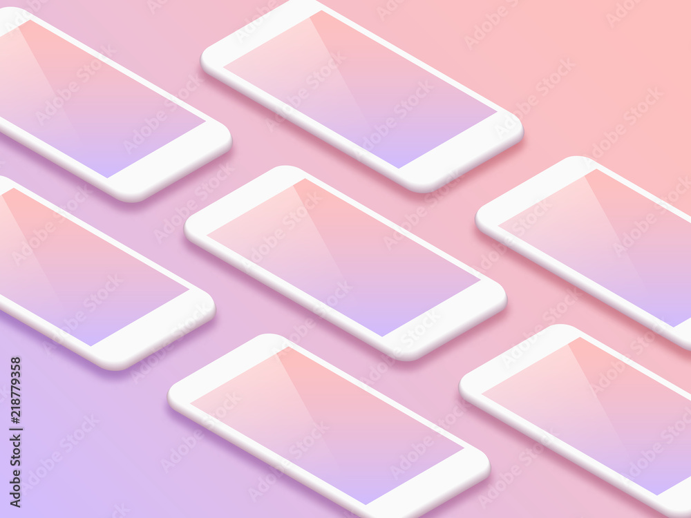 Shiny white isometric smartphones with blank screens vector grid ...