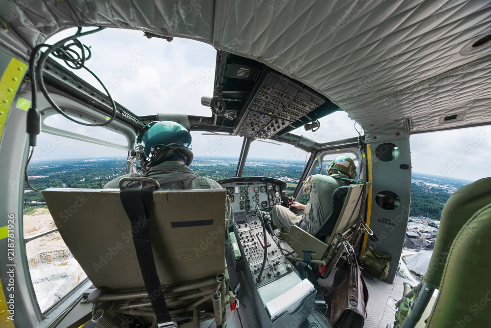 Control panel in vintage military army helicopter cockpit interior in ...