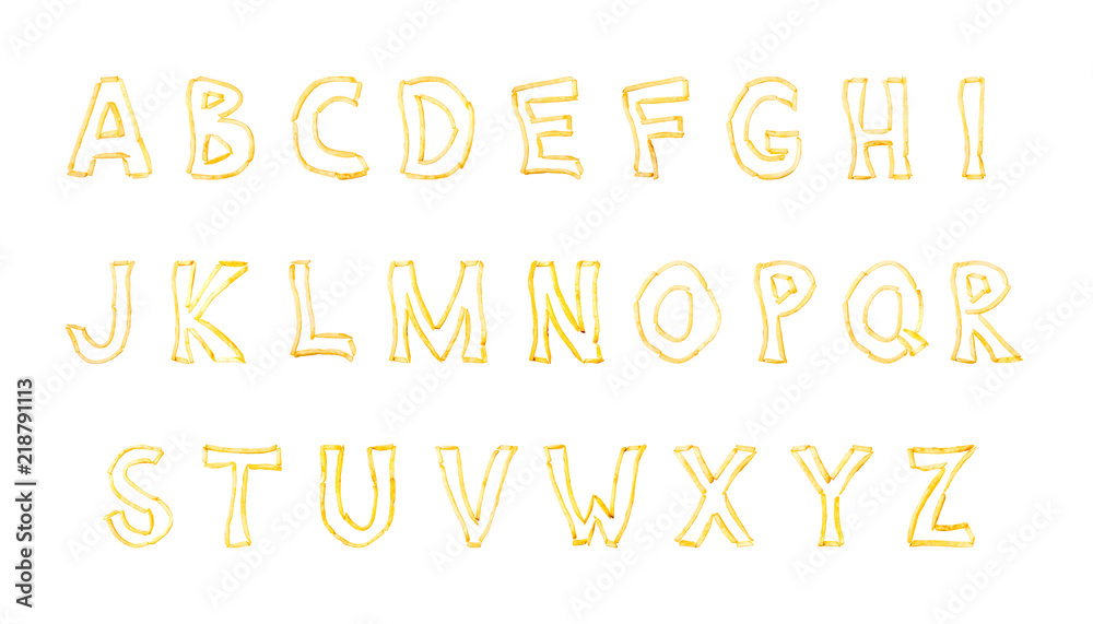 Alphabet made with pieces of fried French fries isolate on white ...