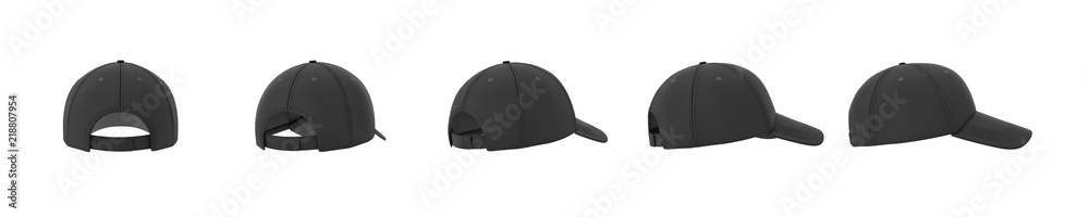 3d rendering of five black baseball caps shown in one line from back to ...