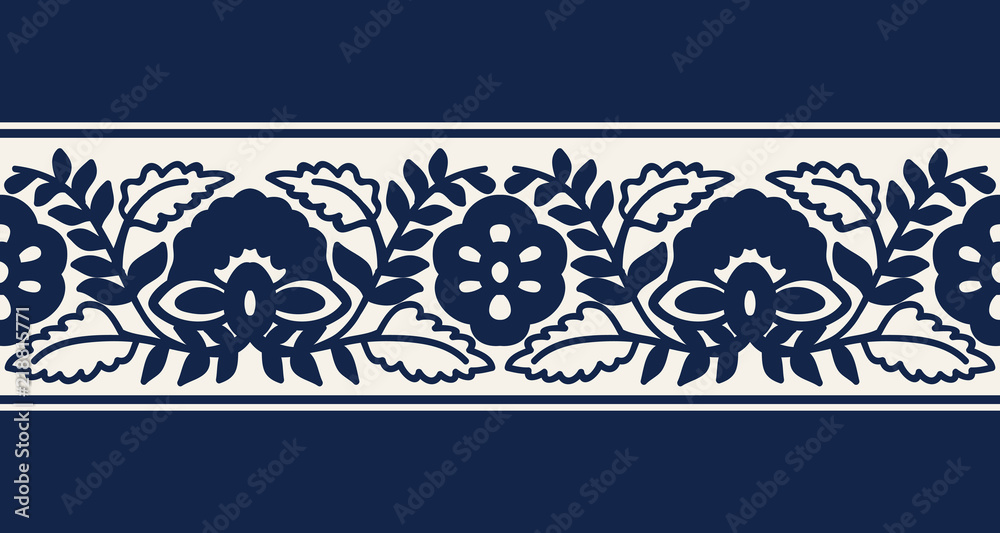 Seamless woodblock printed indigo dye ethnic floral border. Traditional ...