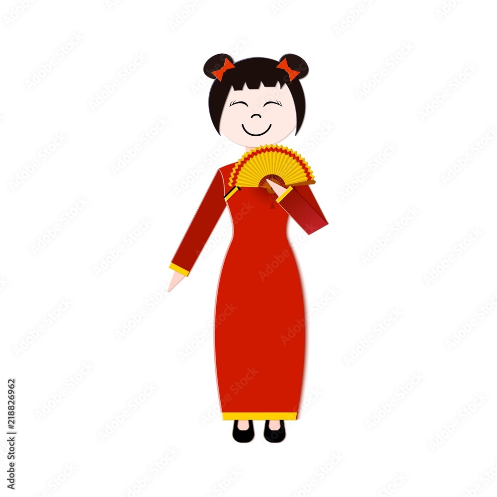 Chinese girl on white background. A paper fan in the hands of a girl in ...