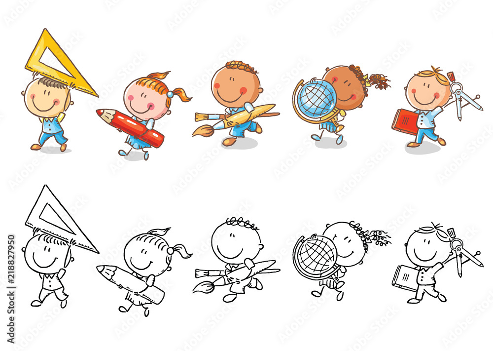 Set of cartoon school kids holding different school objects Stock ...