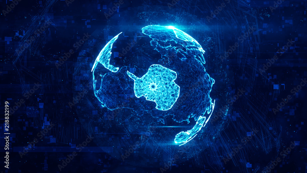 Digital globe made of plexus bright glowing lines. Detailed virtual planet earth. Technology ...