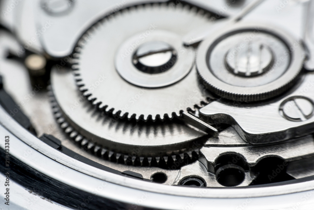 Mechanical watch / Gear Clock. Close up cogs and gears inside clock ...