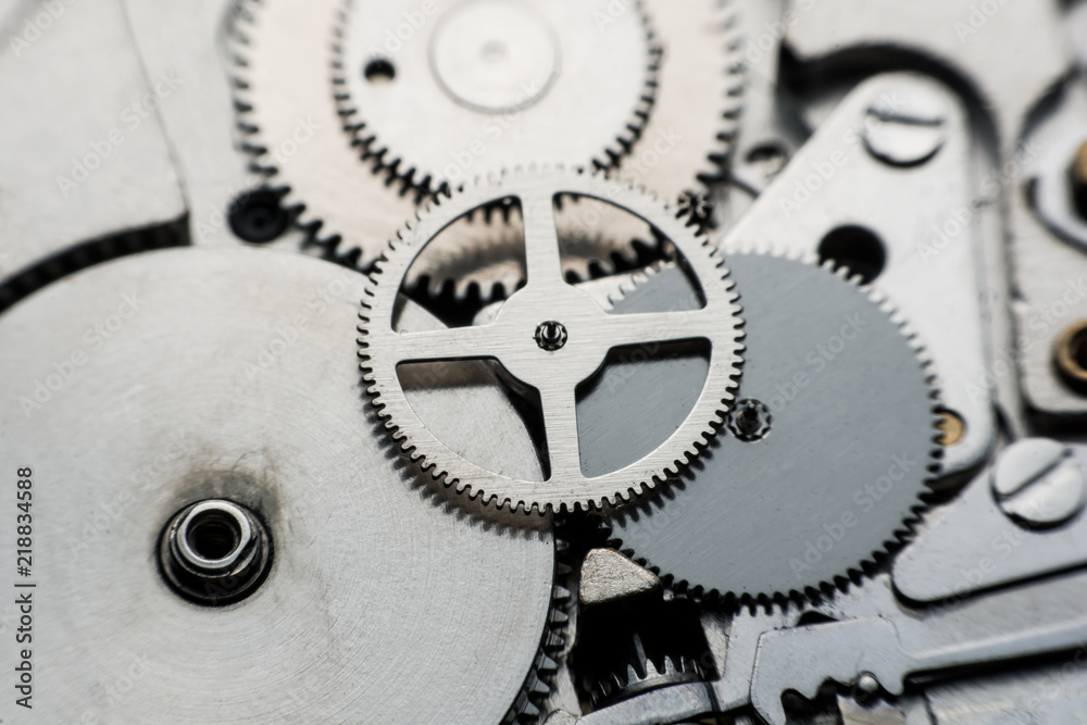 Mechanical watch / Gear Clock. Close up cogs and gears inside clock ...