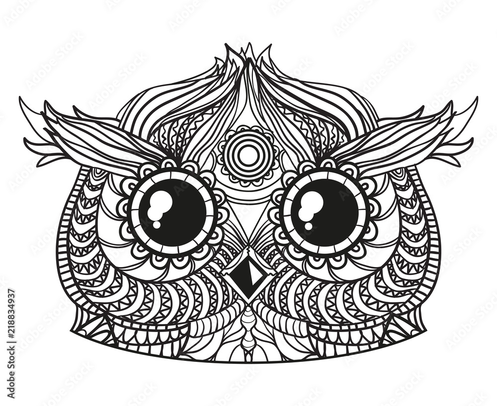 Head of owl on white. Zen art. Zentangle. Hand drawn bird with abstract ...