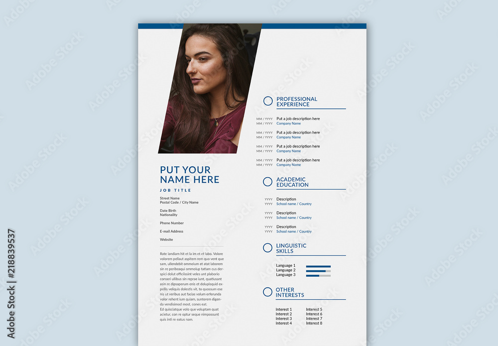 Resume Layout with Gray and Blue Accents Stock Template | Adobe Stock