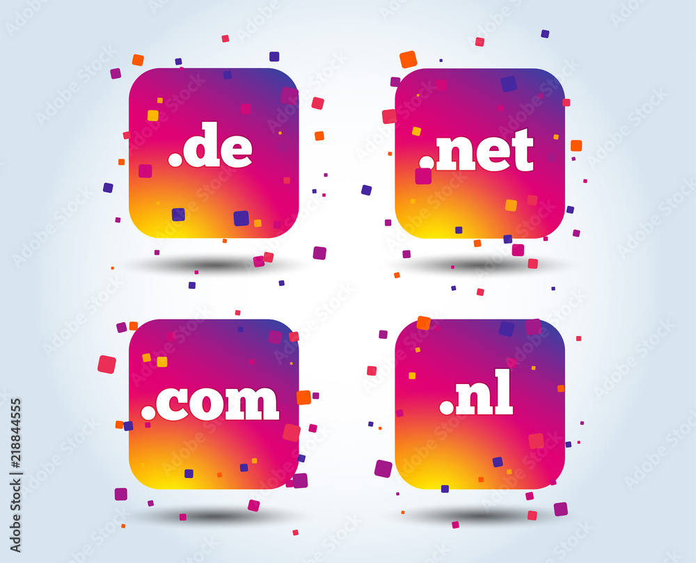 Top-level internet domain icons. De, Com, Net and Nl symbols. Unique ...