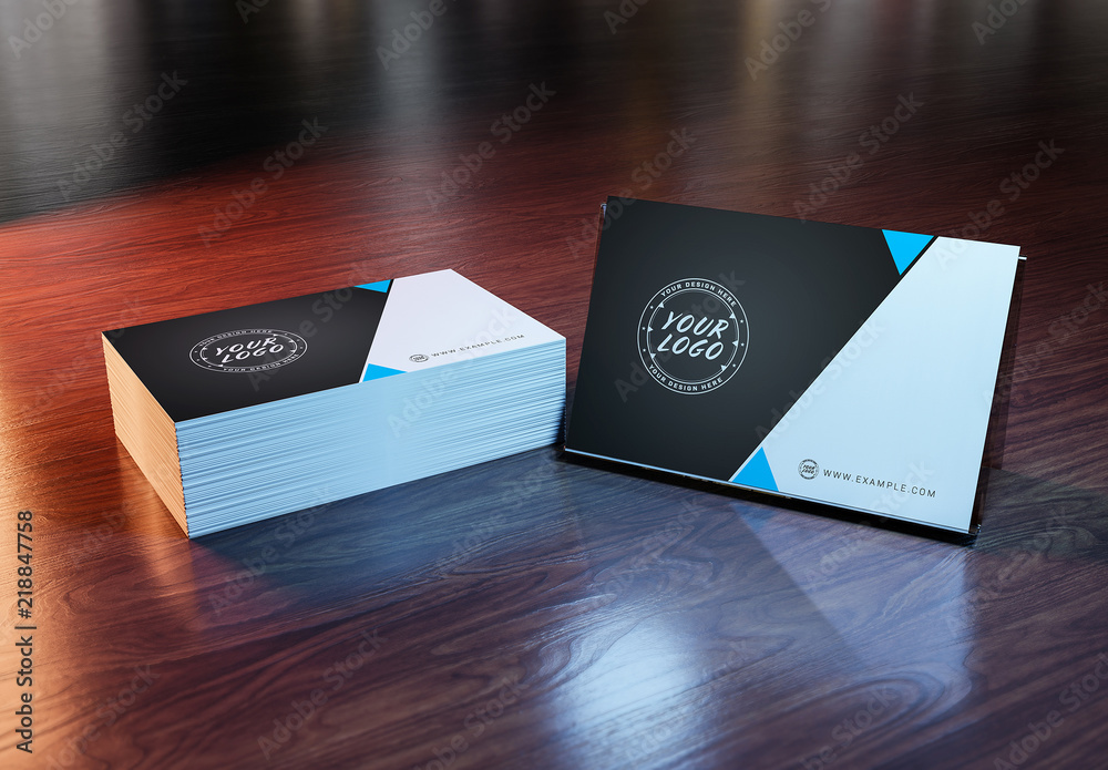 Stack of Business Cards on Wooden Desk Mockup Stock Template | Adobe Stock