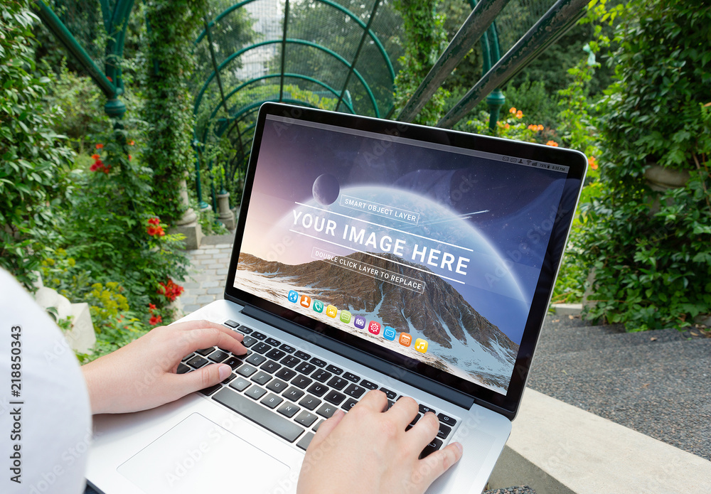 Laptop User in Natural Landscape Mockup Stock Template | Adobe Stock