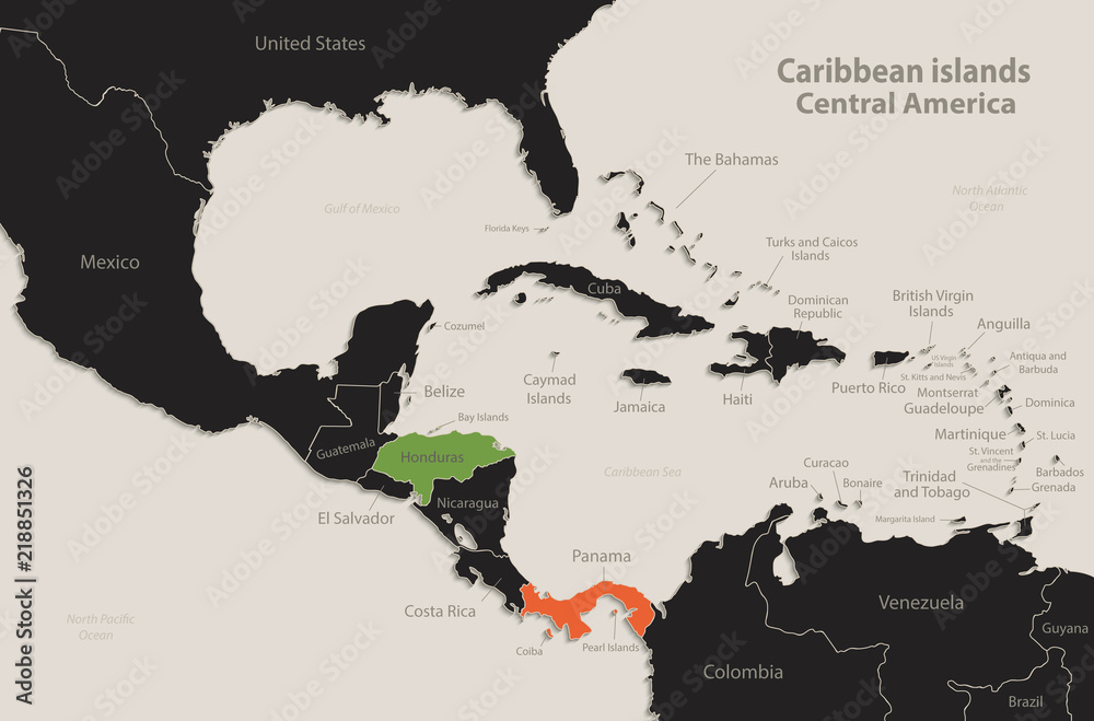 Caribbean islands Central America map Black colors blackboard separate ...